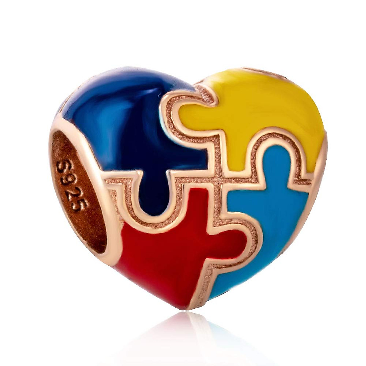 CHTLOR Autism With Color Heart-Shaped Charm Beads 925 Sterling Silver Beads Fit for DIY Charm Bracelet & Necklace