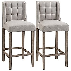 HOMCOM Modern Bar Stools, Tufted Upholstered Barstools, Pub Chairs with Back, Rubber Wood Legs for Kitchen, Dinning Room, Set of 2, Beige