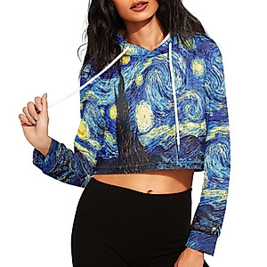 DISNIMO Van Gogh Starry Night Crop Top Hoodie for Women Teen Girls L Long Sleeve Shirt Athletic Sweatshirt Drawstring Hooded Pullover Tops Fall Outfits Running Gym Sport Clothing