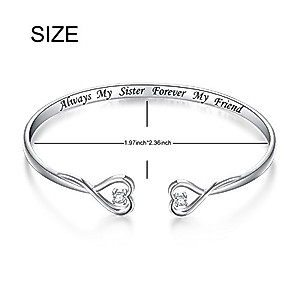 DAOCHONG Sister Gift Sterling Silver Engraved Always My Sister Forever My Friend Double Love Heart Cuff Bangle