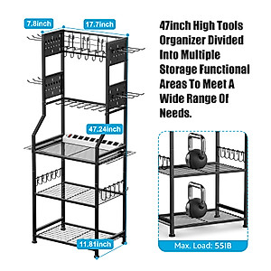 CCCEI Garage Small Power Tools Organizer Floor Stand, Drill and Battery Storage Rack with Charging Station, All Metal Tool Shelf with Pegboard and Hooks, Gift for Men.