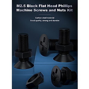 Zmbroll 620 Pcs M2.5 Flat Head Machine Screws Black Phillips Screws Bolts Nuts Assortment Kit M2.5 x 3mm/4mm/5mm/6mm/8mm/10mm/12mm/14mm