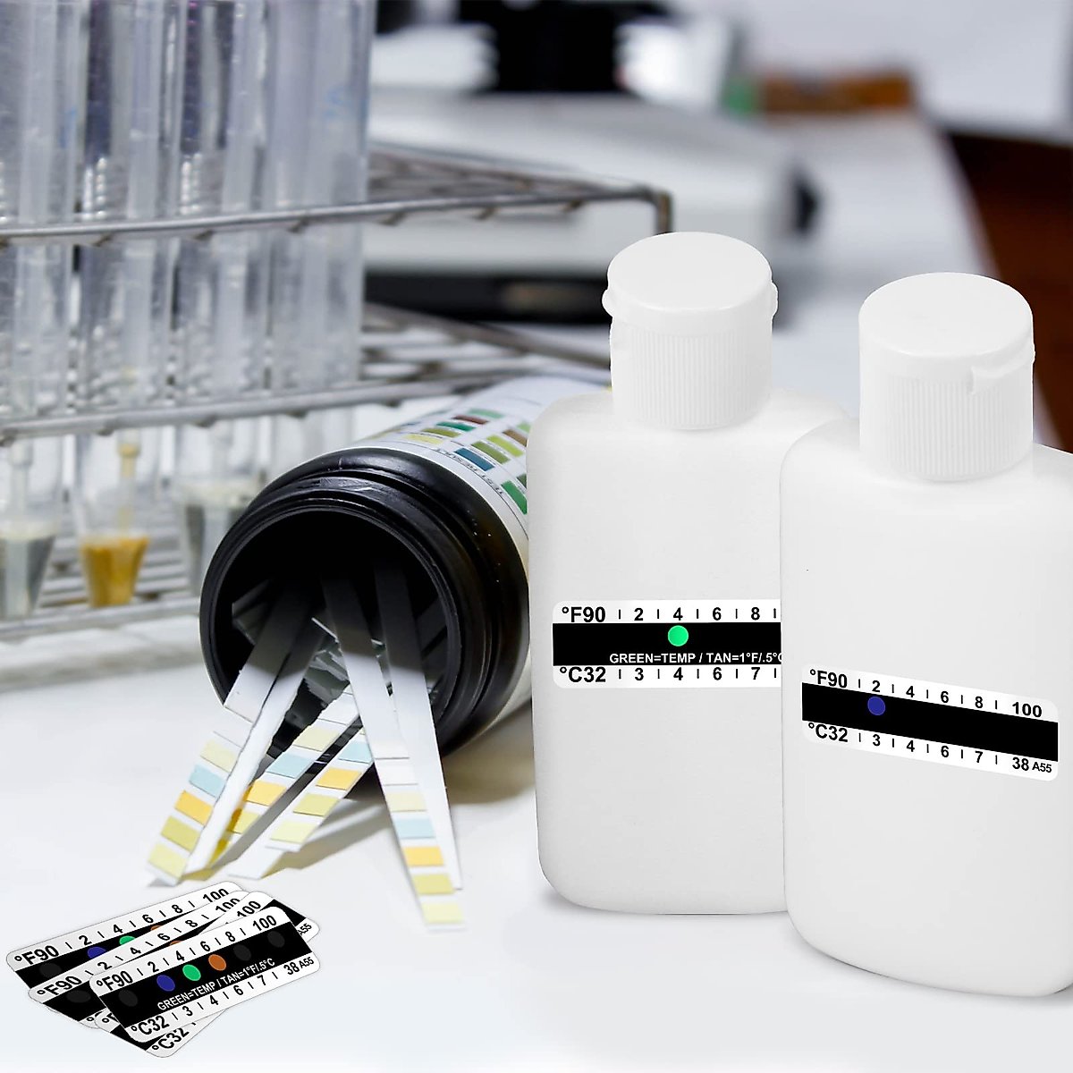 12 Pieces Urine Test Complete Kit Include Empty Bottles with Temperature Test Strip Urine Test Strip Portable Travel Bottle Adhesive Thermometer Strip for Urine Testing (Novel Style)