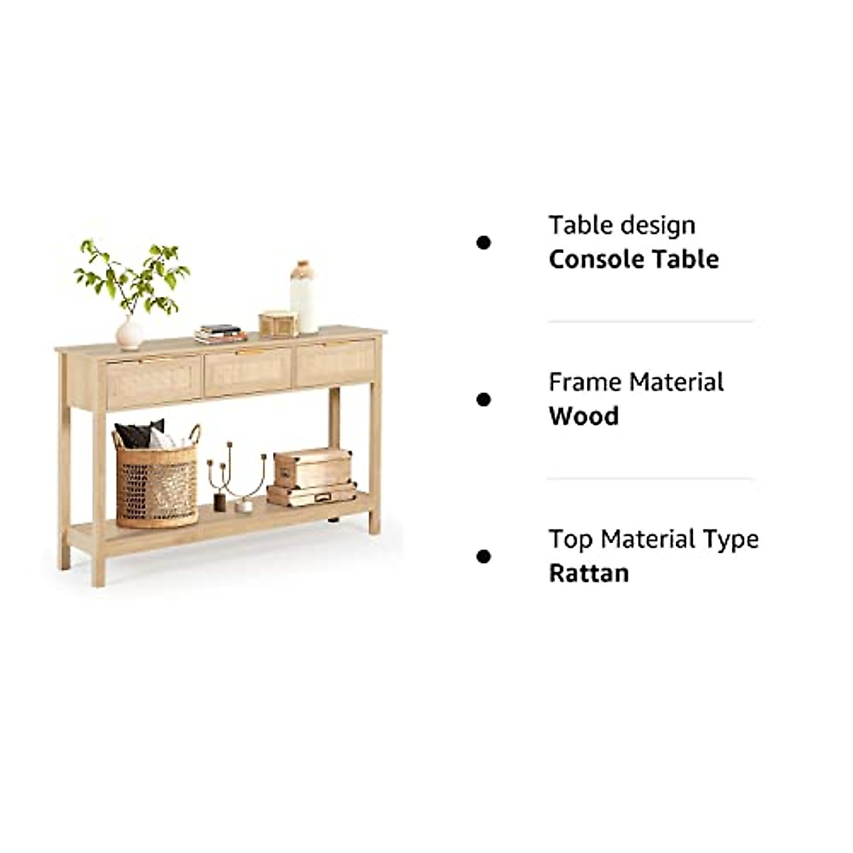 LAZZO Rattan Console Table Boho Entryway Table Narrow Long Sofa Table Hallway Foyer Table Behind Couch Table with 3 Drawers and Open Storage Shelf for Living Room and Corridor Natural Wood