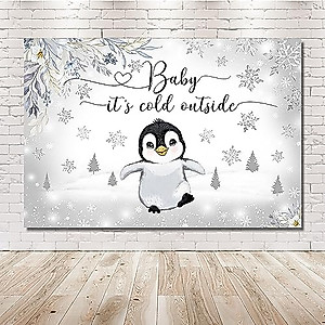 MEHOFOND 7x5ft Penguin Winter Baby Shower Backdrop Baby It's Cold Outside Background Silver Gliter Artic Animals Baby Shower Party Banner Decorations Photo Booth Props
