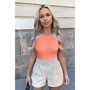 OQQ Women's 3 Piece Bodysuits Sexy Ribbed One Piece Sleeveless Halter Neck Tops Leotard Summer Trendy Phosphor Coral-Orange White