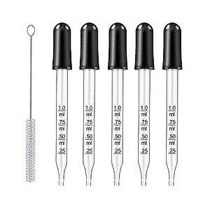 Eye Dropper for Essential Oils, Pipettes Dropper with Black Rubber Head, Calibrated Thick Glass Medicine Dropping Pipettes, 1ml Dropper Measurer, Dropper for Liquids, Straight-Tip, Bent-Tip, 5 Packs
