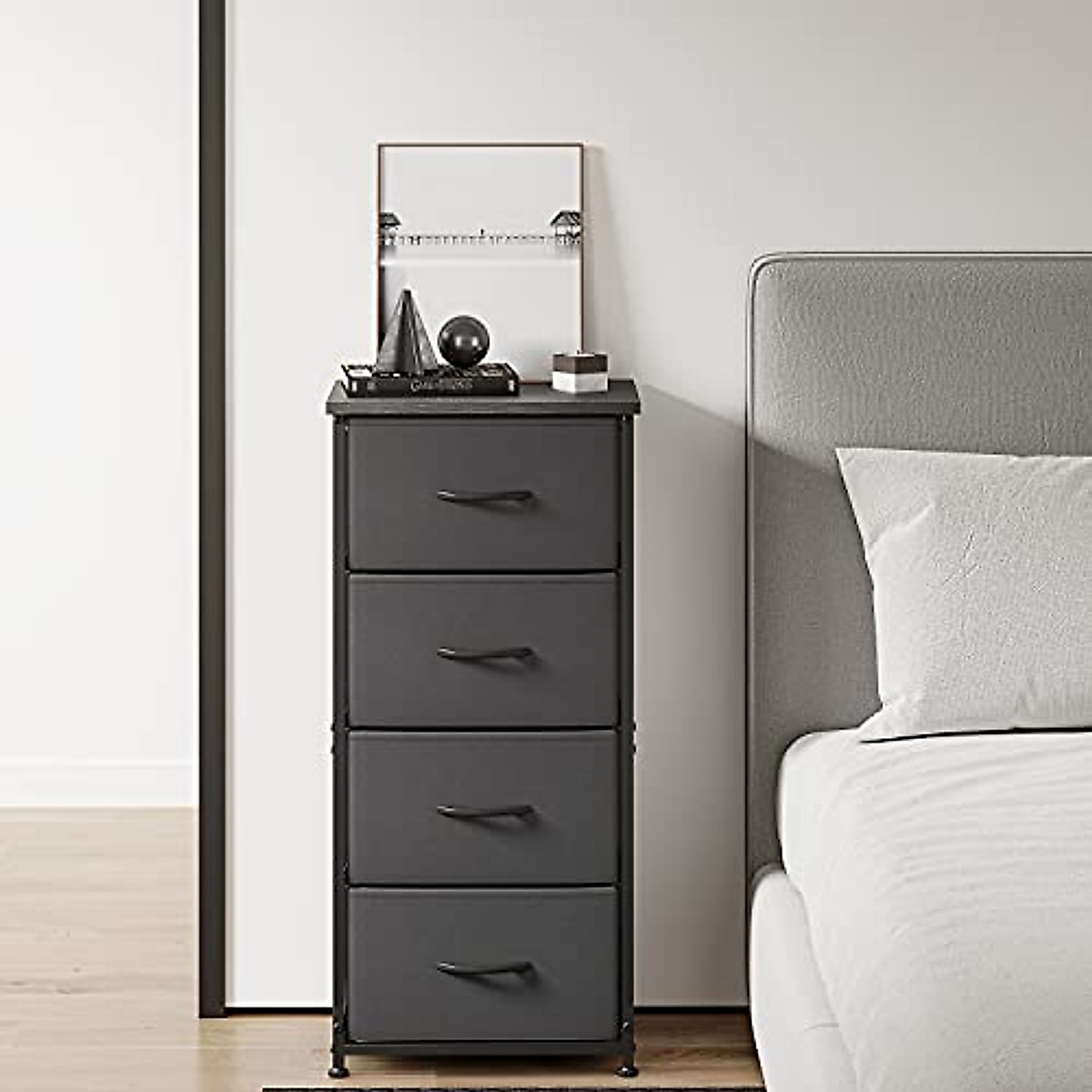FEZIBO 4 Drawer Fabric Dresser Storage Tower, Organizer Unit for Bedroom, Closet, Entryway, Hallway -Steel Frame, Wood Top, Easy Pull Handle, Black Grey