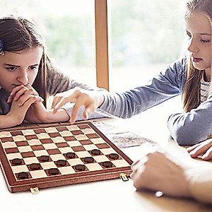 AMEROUS 15 Inches Magnetic Wooden Chess & Checkers Set (2 in 1) - Folding Board -Gift Box Packed -24 Cherkers Pieces -2 Extra Queens - Chessmen Storage Slots, Beginner Chess Set for Kids and Adults