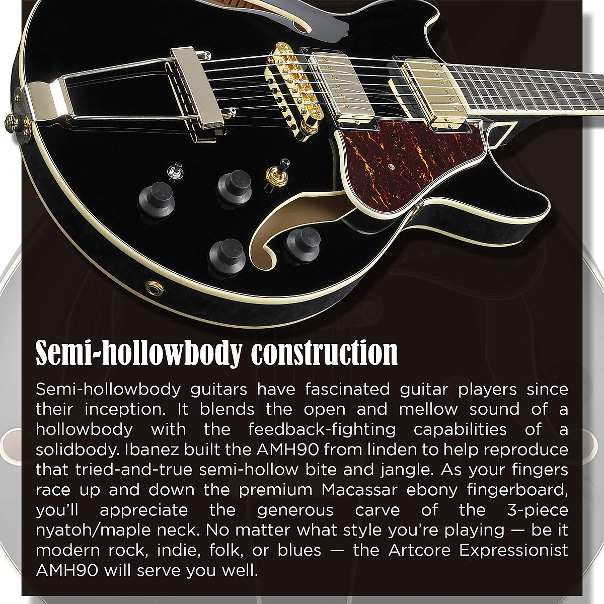 Ibanez AMH90 AM Artcore Expressionist Semi-Hollowbody Electric Guitar, Black