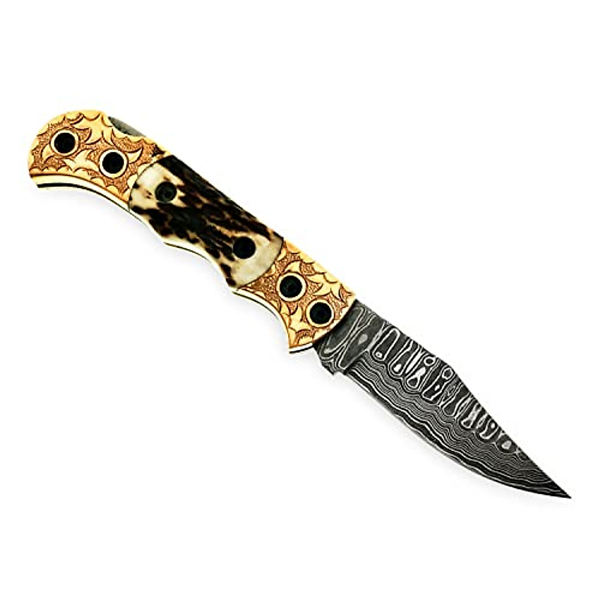 Back Lock Handmade Folding knife Pocket knife Damascus Steel Blade Back Lock Stag Horn Handle Leather Sheath BW-5160