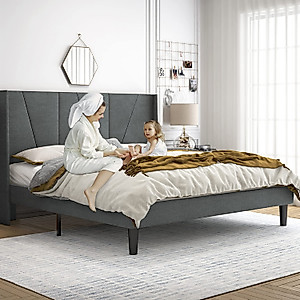 HOOMIC King Size Platform Bed Frame with Geometric Wingback Headboard, Wooden Slats Support, No Box Spring Needed, Modern Style in Dark Grey