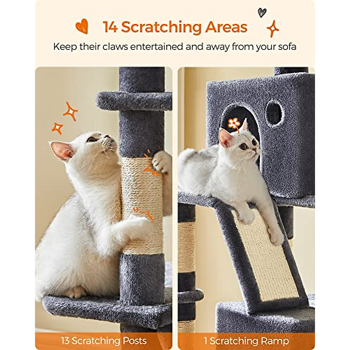 Feandrea Cat Tree, 81.1-Inch Large Cat Tower with 13 Scratching Posts, 2 Perches, 2 Caves, Basket, Hammock, Pompoms, Multi-Level Plush Cat Condo for Indoor Cats, Smoky Gray UPCT190G01