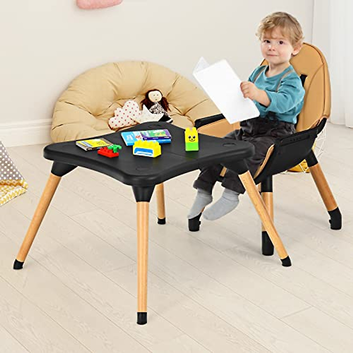 HONEY JOY Baby High Chair, 5-in-1 Convertible Wooden Highchair for Babies and Toddlers/Table and Chair Set/Booster Seat/Toddler Chair with Safety Harness, 4-Position Removable Feeding Tray (Coffee)