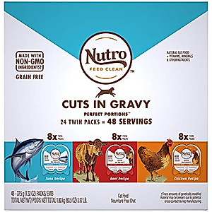 NUTRO Grain Free Natural Wet Cat Food Cuts in Gravy Beef Recipe, Tuna Recipe, and Chicken Recipe Variety Pack, (24) 2.64 oz. PERFECT PORTIONS Twin-Pack Trays