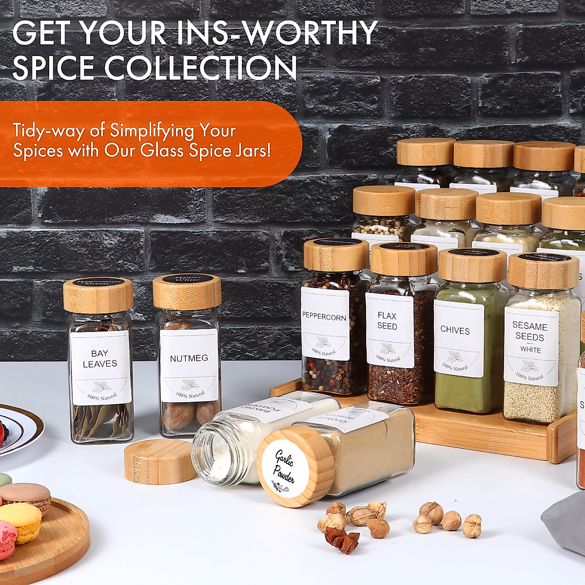 AuroTrends Glass Spice Jars with Bamboo Lids 4oz 24Pack, Spice Jars with Label- 4oz Spice Jars with Shaker Lids/Blank & Preprinted Spice Labels (4fl.oz, 24Pack)