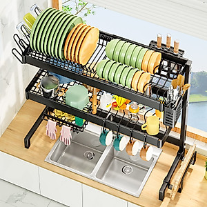 Over The Sink Dish Drying Rack, 3 Tier Dish Drying Rack Auto-Drain Expandable (19.9 to 34 inch) Kitchen Counter Dish Drainer Rack with Metal Steel Utensil Cup Holder Sink Caddy, Black