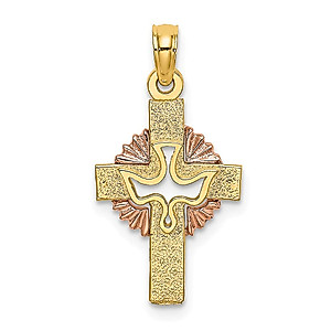 Solid 14k Yellow and White Gold Two Tone and Cut-Out Dove On Cross Charm Pendant - 23mm x 13mm