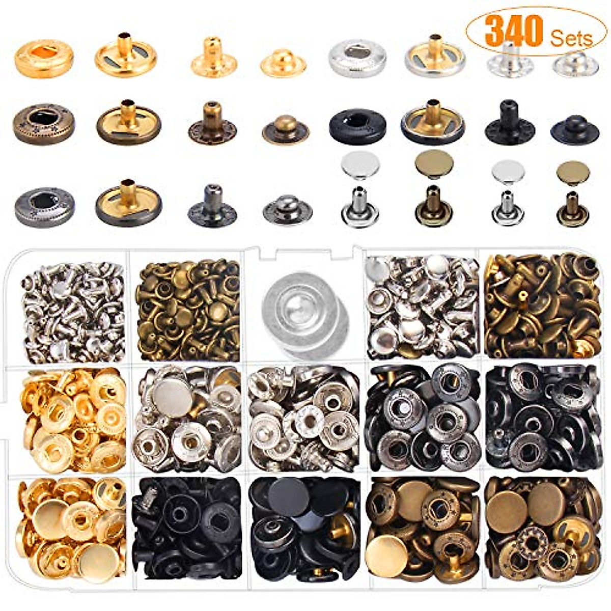 Preciva Hole Punch Plier Set, Revolving Punch Hole Tool Kit with Punch Plier, Ruler, Grinding Rod, Plastic Hammer,240pcs Leather Double Cap Rivets and 100pcs Leather Snap Fasteners