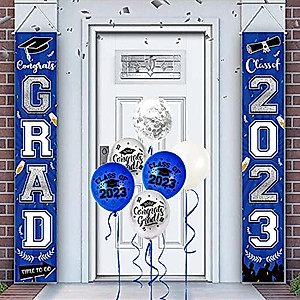 2023 Graduation Porch Sign Banner, Navy Blue and Silver Graduations Porch Sign Door Banner Class of 2023 Congrats Grad Hanging Banner Flag for High School and College Graduation Party Decorations