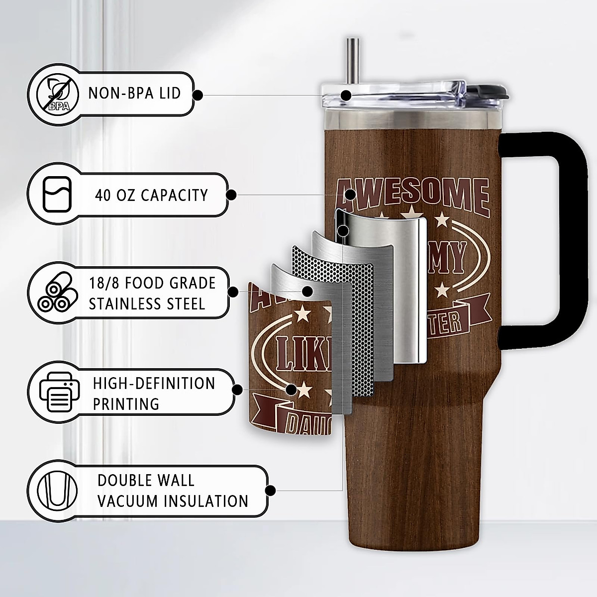 Uibunoo Dad Birthday Gift, 40 Oz Awesome like My Daughter Tumbler with Handle & Straw, Father Gifts from Daughter, Birthday Presents for Dad Daddy Father Tumbler, New Daddy Gift