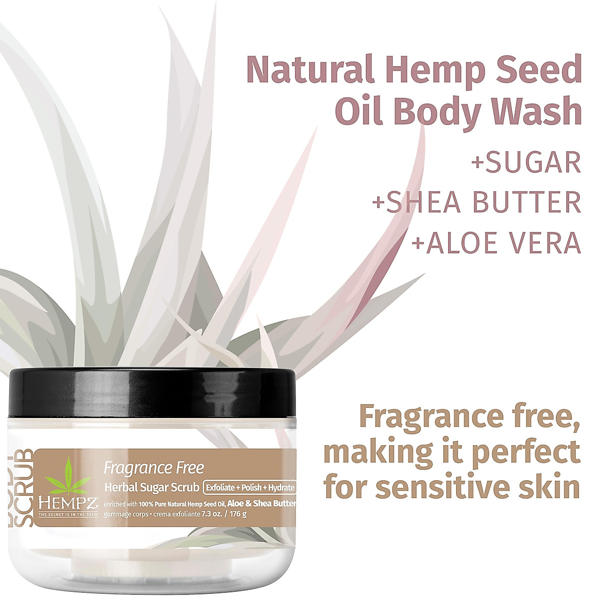 HEMPZ Sugar Body Scrub - Fragrance Free - All Natural Exfoliating Shea Butter, Sugar, and Salt - For Women, Men, and Teens - 7.3 fl oz