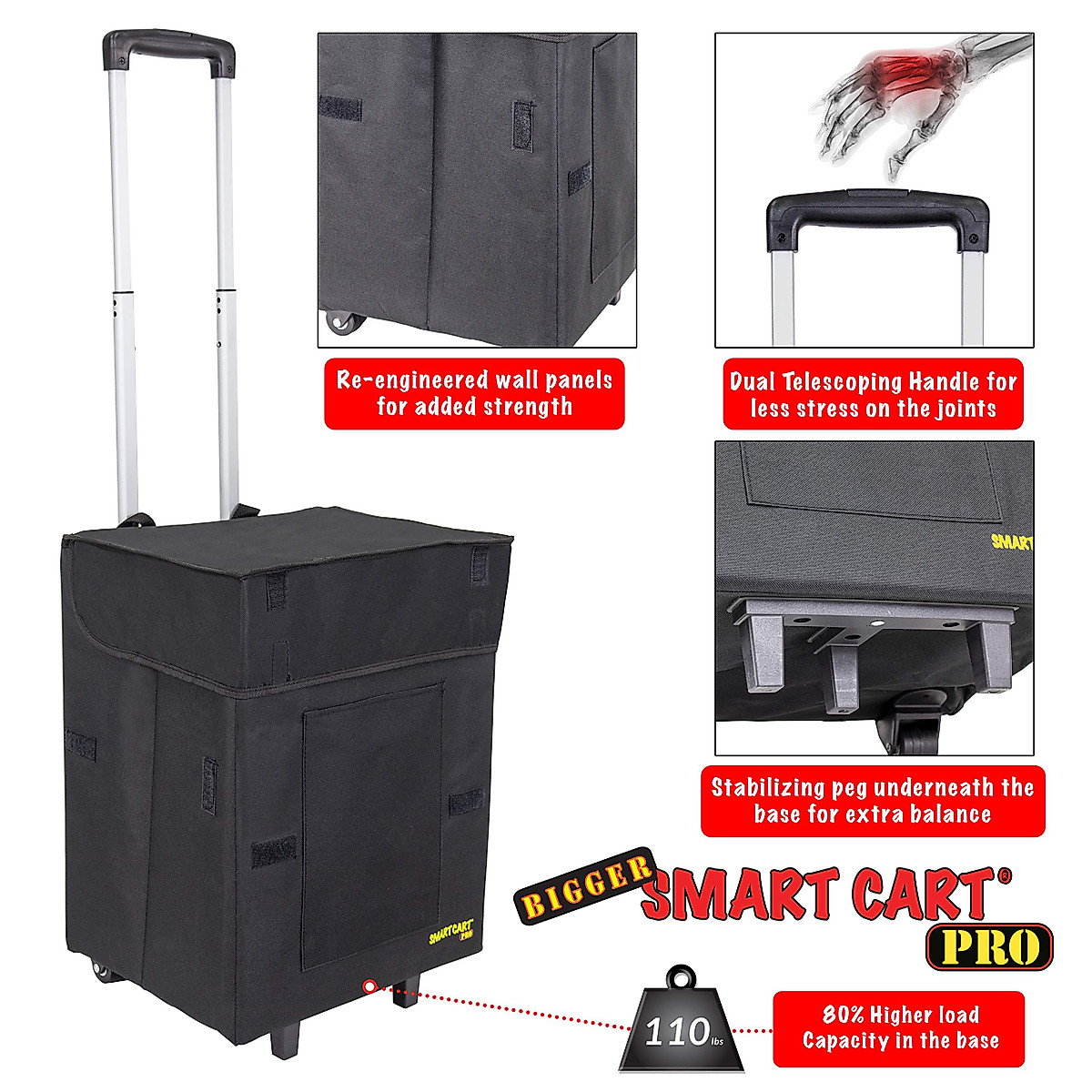 dbest products Bigger Smart Cart Pro Collapsible Rolling Utility Basket Grocery Shopping Heavy Duty Black