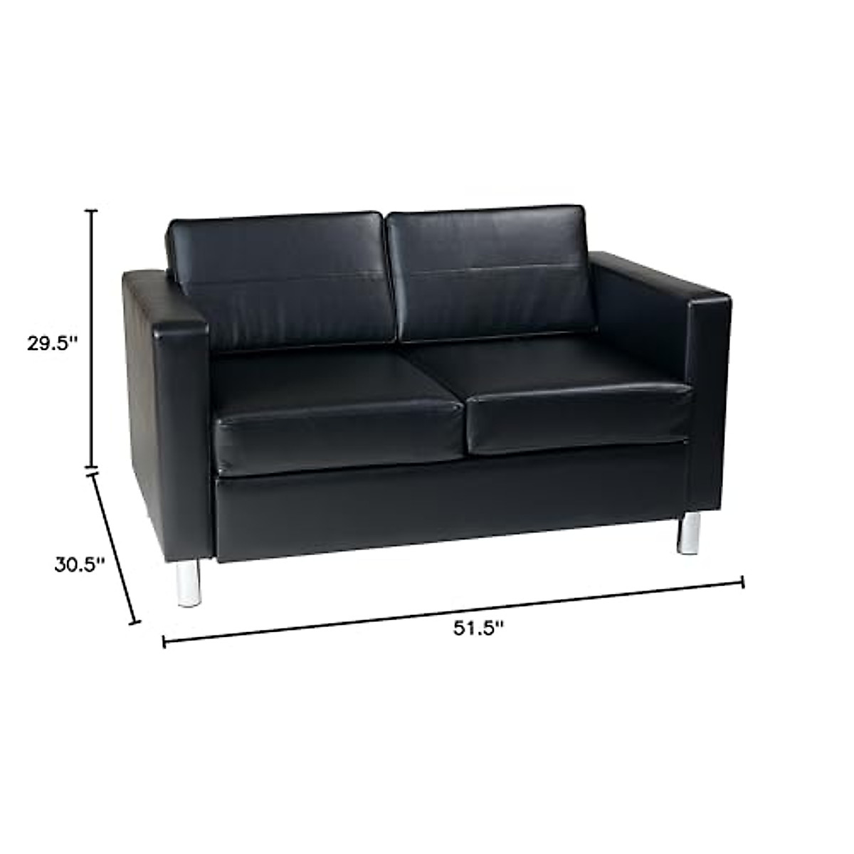 OSP Home Furnishings Pacific Loveseat with Padded Box Spring Seats and Silver Finish Legs, Black Vinyl