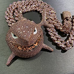 ICEDIAMOND Fancy Pink CZ Diamond Shark Pendant VS 12MM Iced Out Cuban Chain Necklace, 18K Rose Gold Plated L-Size Charm Hip Hop Jewelry for Men Women (Rose,20''Cuban)