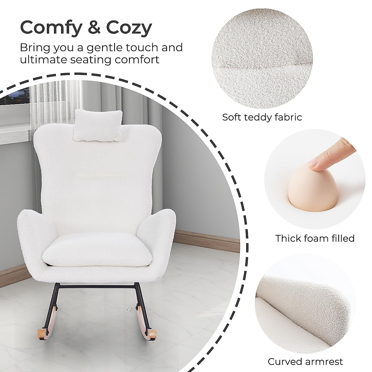 Unovivy Rocking Chair Nursery, Teddy Upholstered Nursing Armchair with Wood Base, Baby Glider Rocker with Headrest & Side Handy Cocket, Small Gliding Seat for Living Room, Bedroom, Office