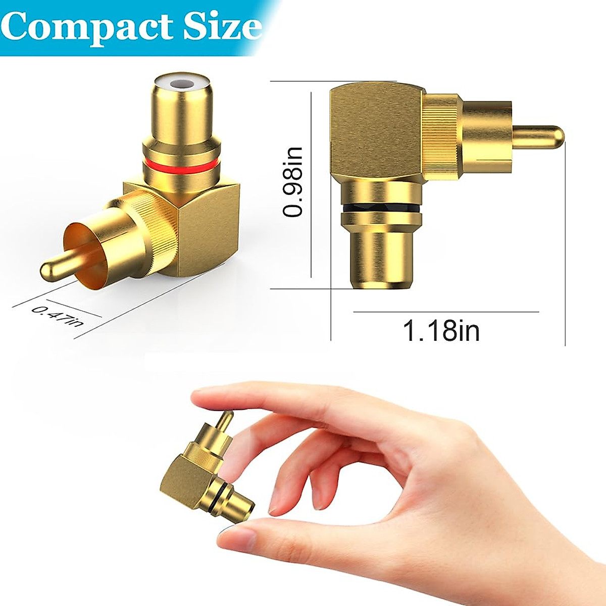 Warmstor RCA Right Angle Adapter, Gold-Plated 8-Pack 90 Degree Metal RCA Male to RCA Female Connector Adapter (4 Black + 4 Red)