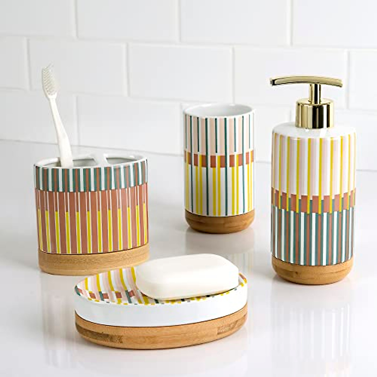 Allure Home Creation Market Stripe 4-Piece Ceramic with Bamboo Bath Accessory Set