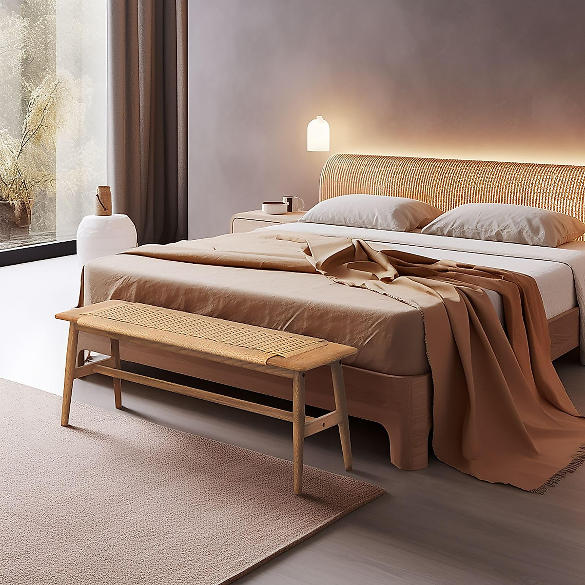 Wayshome 100% Solid Oak Wood Bench, Hand Woven Bench Surface Design, Solid Structure of Chair Legs, Entryway Bench/Bedroom Bench/Dining Bench (Log Color)