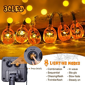 Oopswow 2 Pack Solar Powered Halloween Pumpkin String Lights, 20ft, 30 LEDs, 8 Lighting Models, Waterproof, Indoor/Outdoor Use