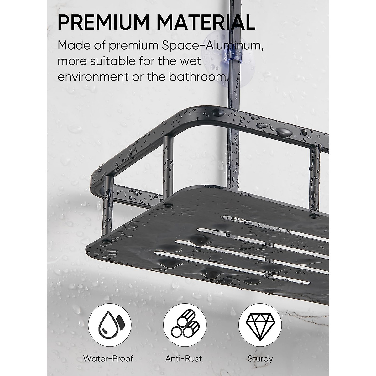 Cobbe Anti-Swing Shower Caddy Hanging with 4 Hooks for Towels/Sponge, No Drilling Bathroom Organizers and Storage Racks for Bathroom, Dorm and RV, Never Rust Aluminum, Large - Black