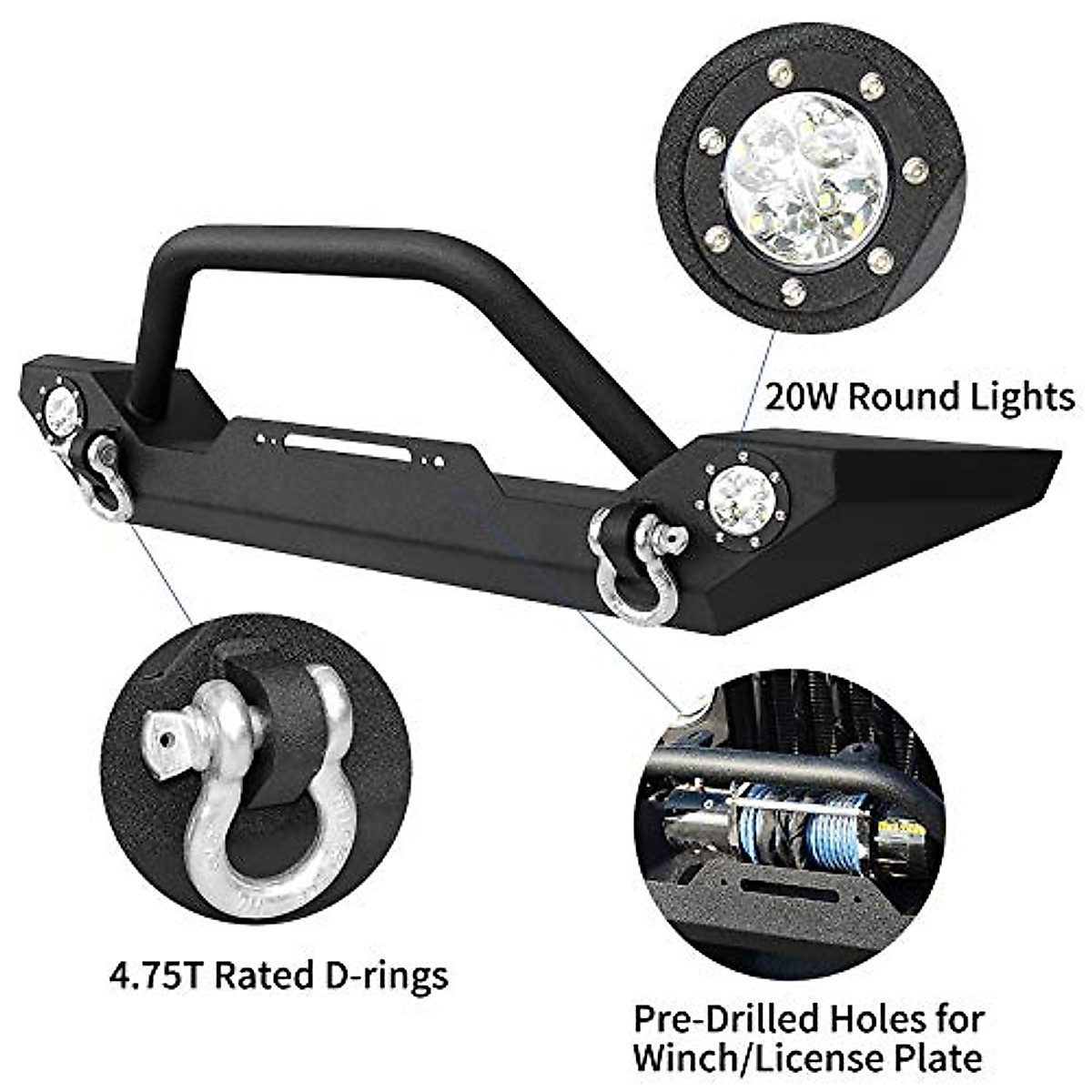 YITAMOTOR Front & Rear Bumper Combo Compatible with 1997-2006 Jeep Wrangler TJ with 2" Hitch Receiver & D-Rings & Square Lights, Upgraded Textured Black Bumper w/Winch Plate
