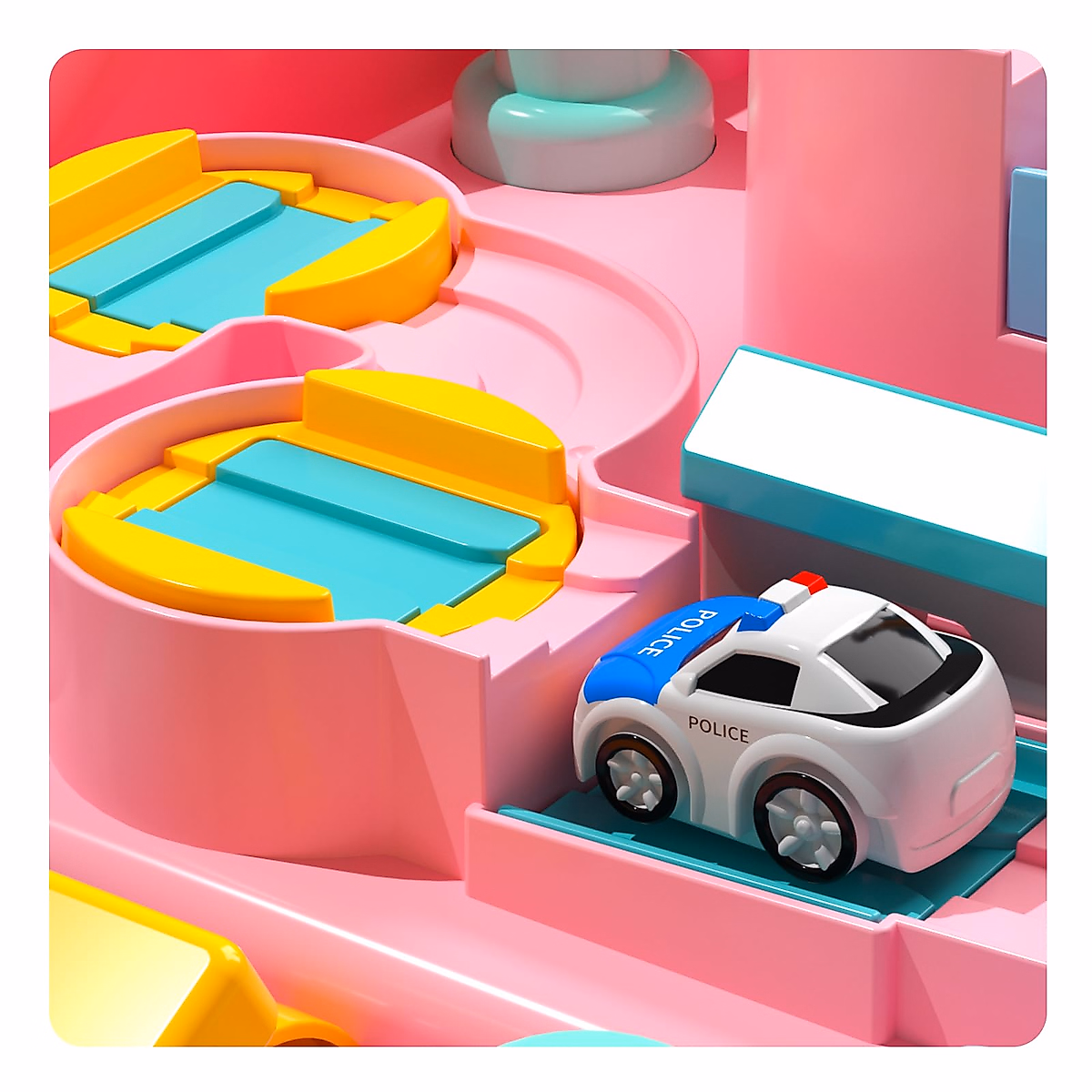 TEMI Car Toys for Girls - Race Track for Toddlers 3-7 Years Old, Puzzle Rail Car, City Magnet Toys with 3 Small Cars, Educational Games Birthday Gifts for Kids
