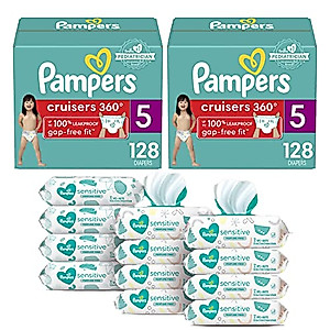 Pampers Baby Diapers and Wipes (2 Month Supply) - Pull On Cruisers 360° Fit Diapers with Stretchy Waistband Size 5 (2 x 128 Count) with Sensitive Baby Wipes, 12X Pop-Top Packs, 864 Count