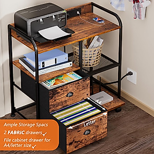 Furologee Printer Stand with Power Outlet, Lateral File Cabinet with 2 Large Drawers, Shredder Shelf Stand with Wheels & 4 Tiers Open Shelves for Office, Home, Living Room, Rustic Brown
