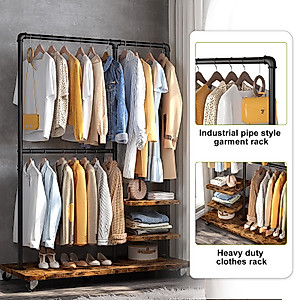 Raybee Industrial Pipe Clothes Rack Heavy Duty Clothing Racks for Hanging Clothes, 400LBS Clothes Rack with Shelves Wheels, Portable Adjustable Rolling Garment Rack for Hanging Clothes, Rustic Brown