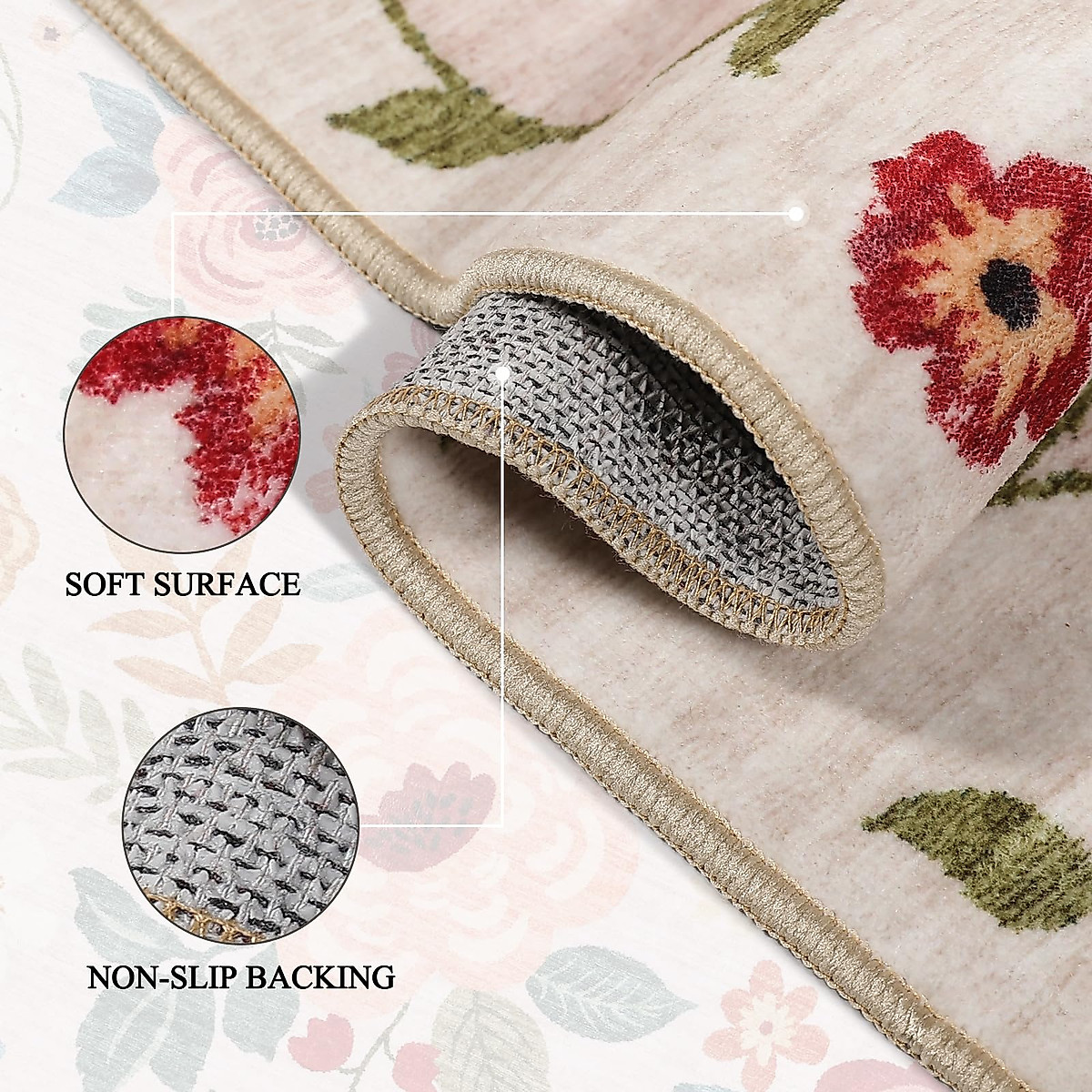 DUKINO 6x9 Area Rug, Floral Rugs for Living Room, Lightweight Non Slip Washable Rug, Indoor Low Pile & Non-Shedding Boho Design Rugs for Bedroom, Living Room, Dining Room, Beige