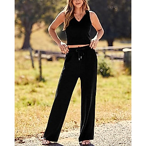 BTFBM Women's Summer 3 Piece Outfits Ribbed Knit Cardigan Cropped Tank Tops Wide Leg Pant Tracksuit Lounge Matching Sets(Solid Black, Medium)