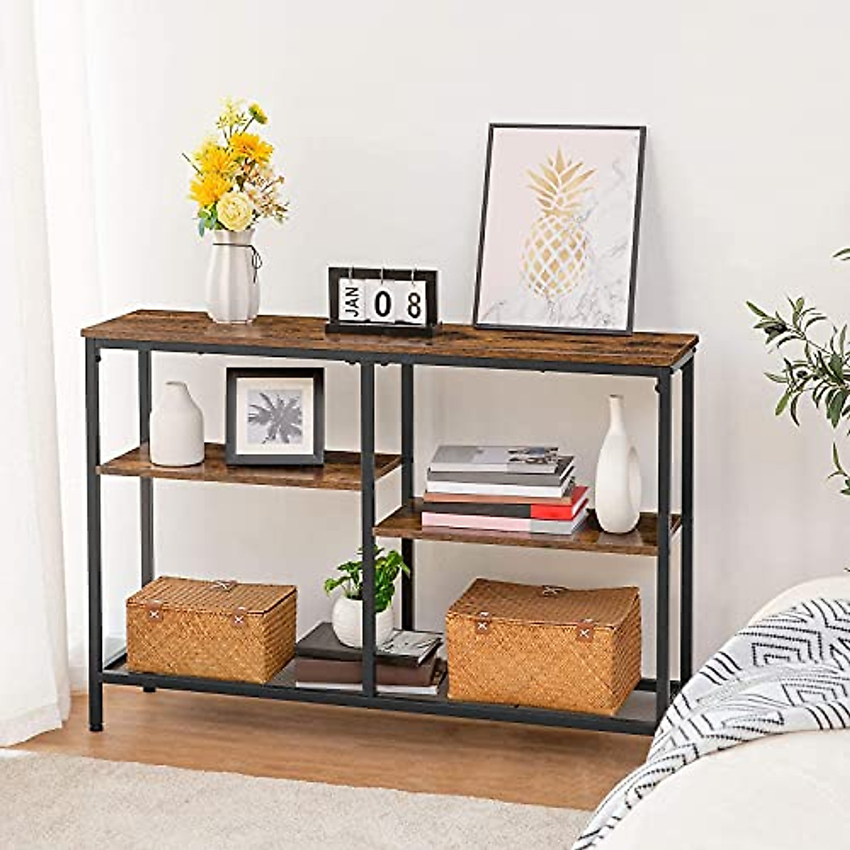 HOOBRO 43.3” Console Table, 4-Tier Industrial Bookshelf, Narrow Entryway Table, Sofa Table, Bookcase, Storage Shelf, Entrance Table, Hallway, Living Room, Bedroom, Rustic Brown BF28XG01
