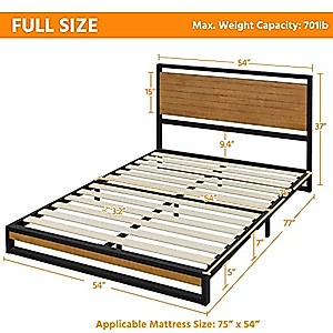 Yaheetech 37 Inch Metal Platform Bed Frame with Wood Headboard Solid Wood & Steel Construction No Box Spring Needed Wood Slat Support Easy Assembly Chestnut Brown Full