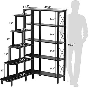 PONROL Corner Bookshelf Bookcase, Large Reversible 5 Tier Ladder Shelves Storage Display Rack with Metal Frame, Industrial Home Office Furniture for Living Room Bedroom, Black