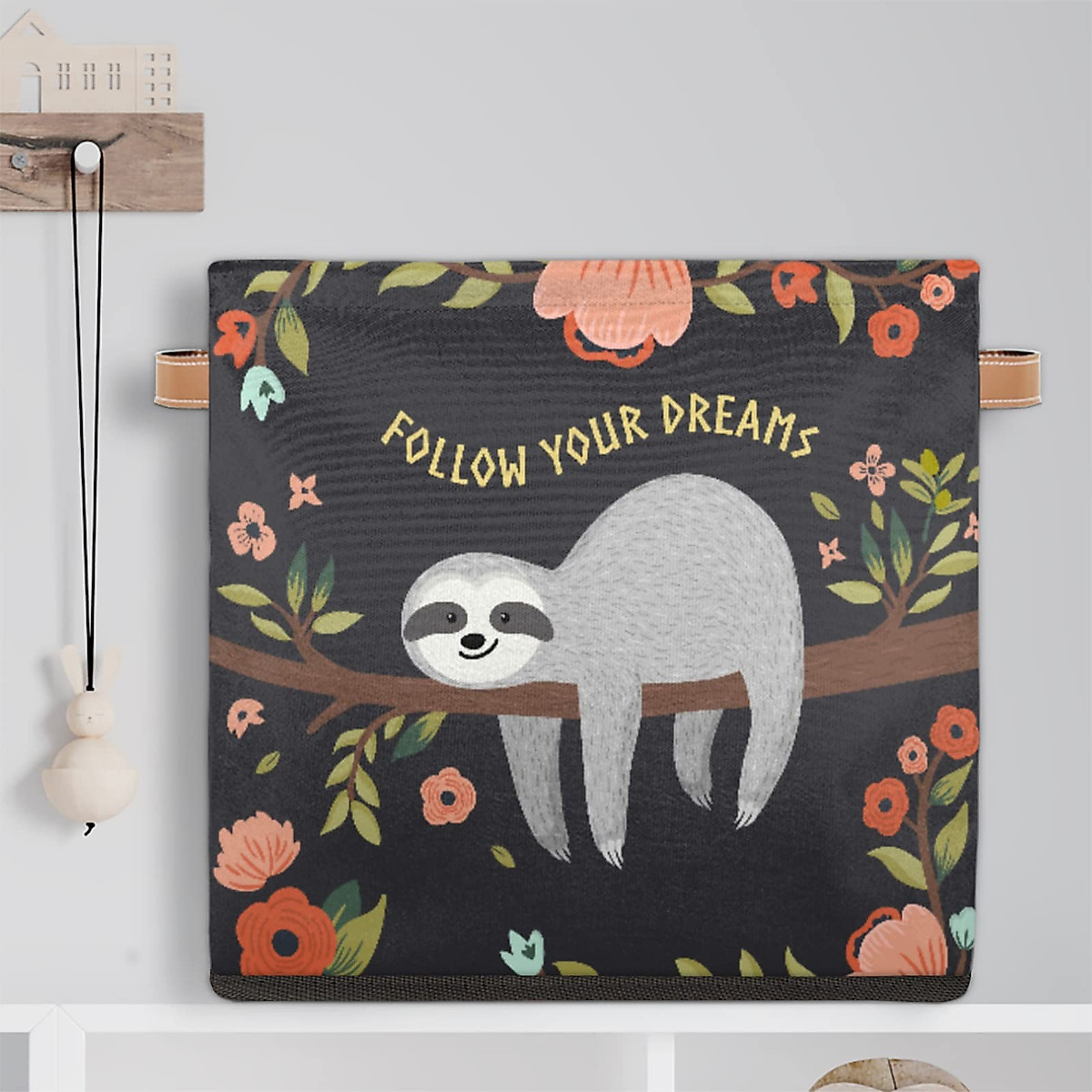 AUUXVA Follow Your Dream Quote Storage Basket for Closet, Cute Sloth Storage Bins with Handles, Foldable Storage Cube Boxes for Toys Shelves Pantry Nursery Organizing