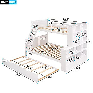 BIADNBZ Twin Over Full Bunk Bed with Trundle and Shelves Storage, Wooden Versatile Detachable BunkBed Frame for Kids Teens Adults Bedroom Dorm, White
