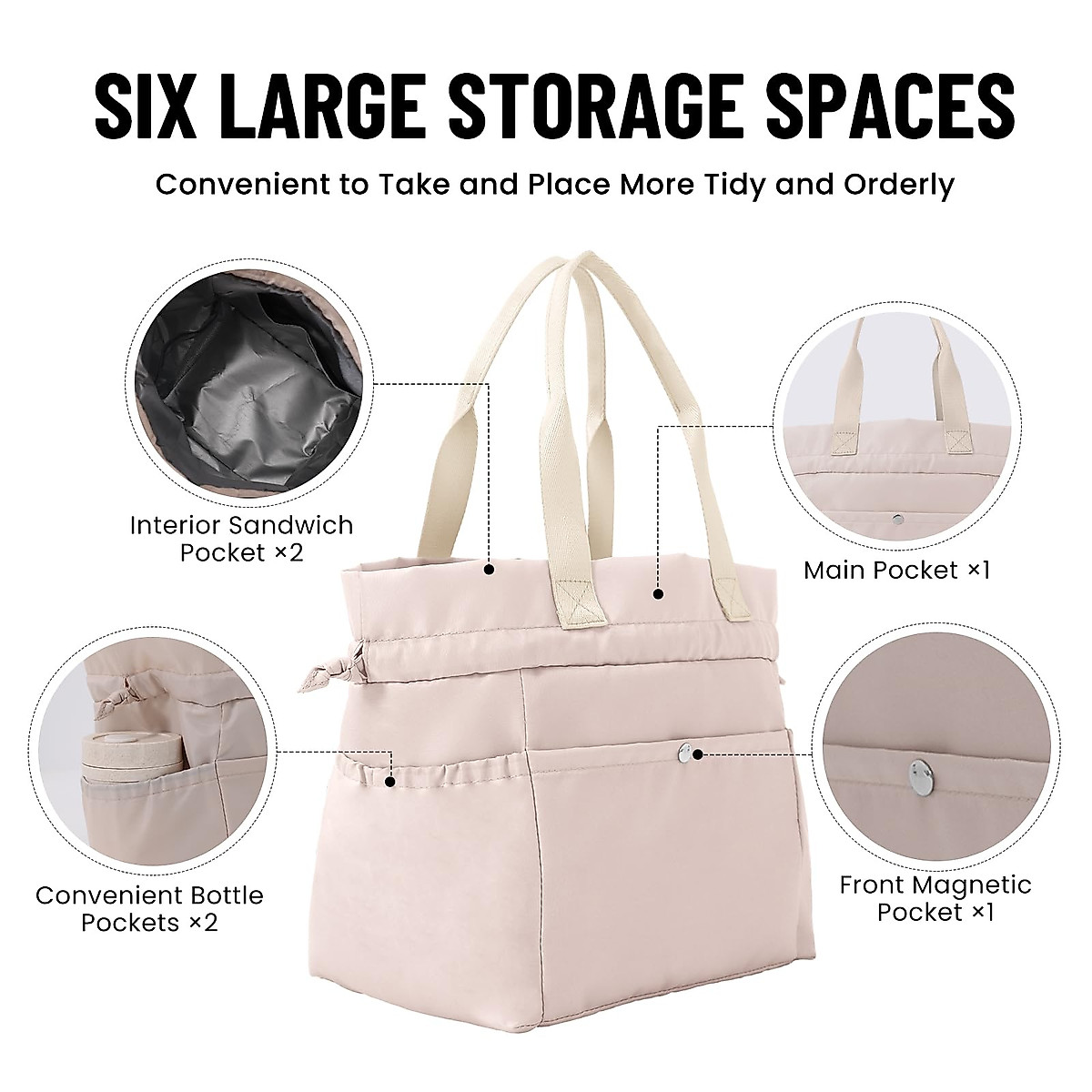 MEXS Lunch Bag for Women Reusable Drawstring Insulated Lunch Box Stain-Resistant Large Cinch Closure Lunch Bags for Work Office