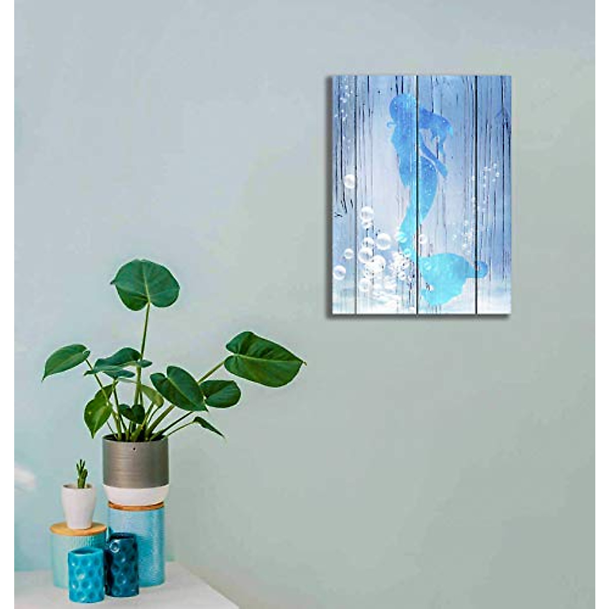 USIXA Mermaid Wall Decor for Bathroom and Girls Room with Set of 2 Panels, Blue Jellyfish Canvas Artwork 12x16 Inches in Wooden Frame