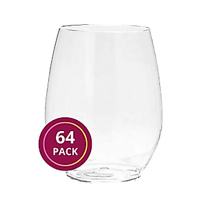 Smarty Had A Party 64 Pack Plastic Stemless Wine Glasses,12 Oz Clear Plastic Cups, Drinking Glasses, Order In Bulk Disposable Cups for Wedding Decorations, Holidays, Wine Glasses Stemless